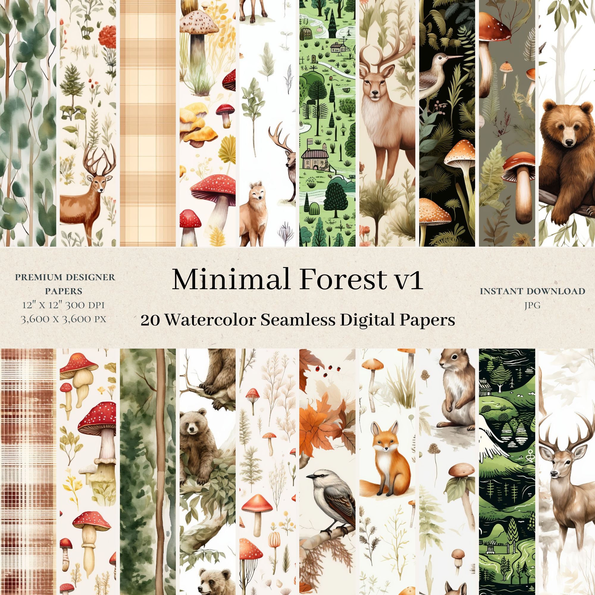 20 Minimal Forest Digital Papers - Watercolor Seamless Pattern, Junk ...