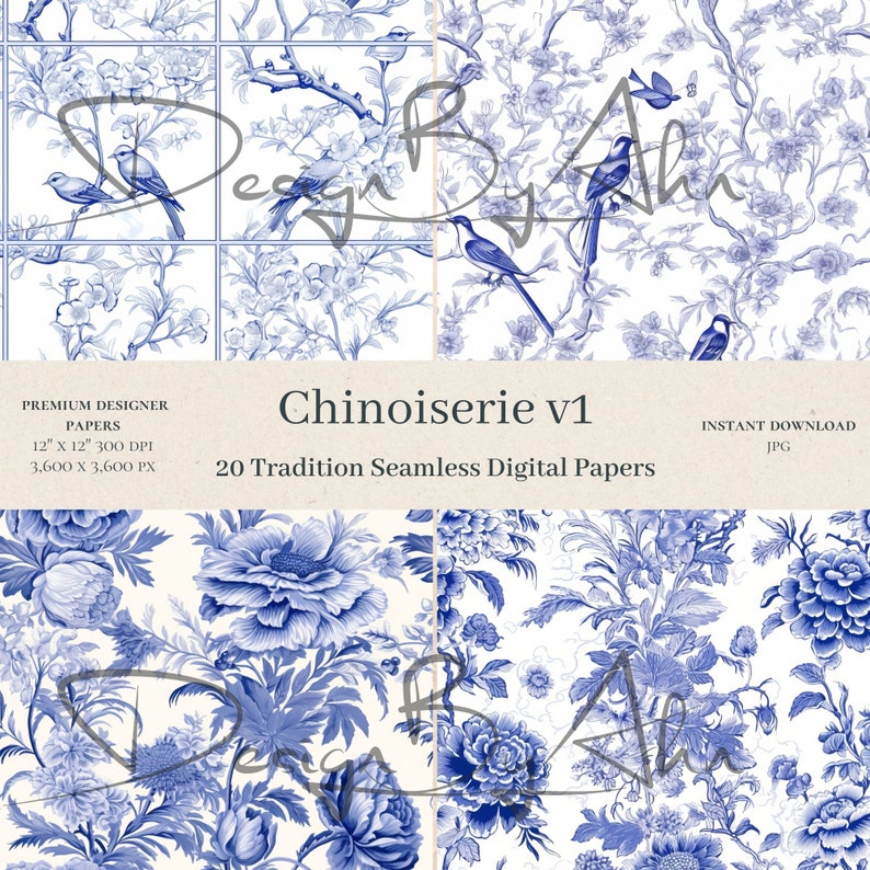 20 Chinoiserie Digital Papers - Flower Scrapbook, Seamless Digital ...