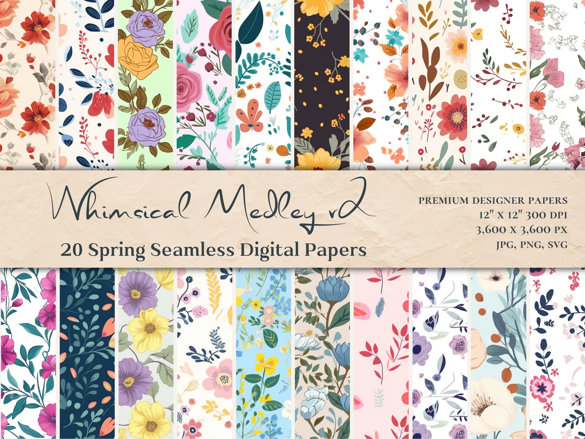 20 Whimsical Medley Digital Papers Flowers Seamless Pattern, Floral ...