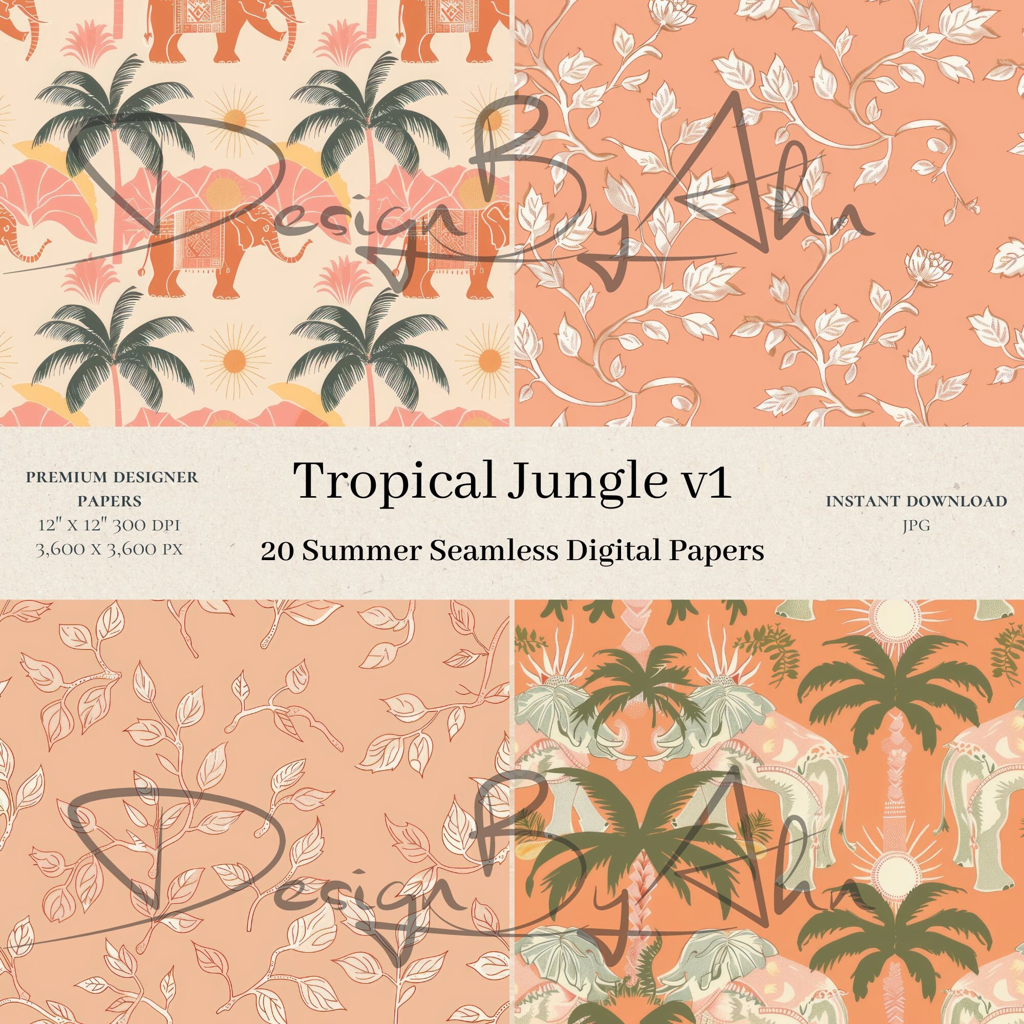 20 Tropical Jungle Digital Papers Elephant Scrapbook, Botanical Paper ...