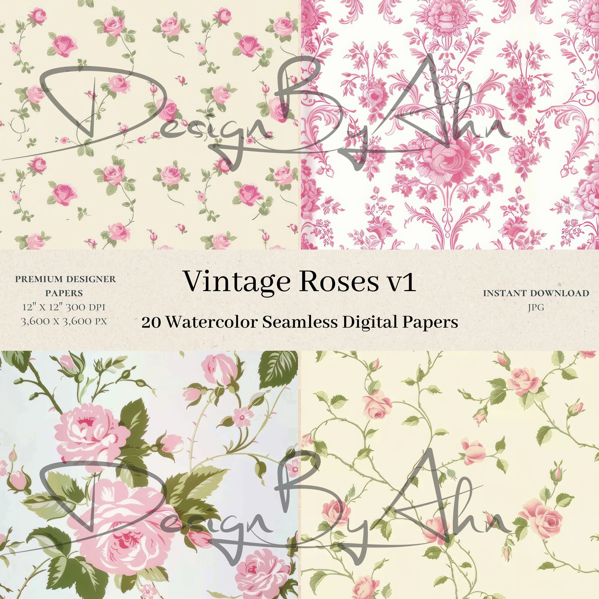 20 Vintage Roses Digital Papers - Pink Roses Seamless Digital Paper ...