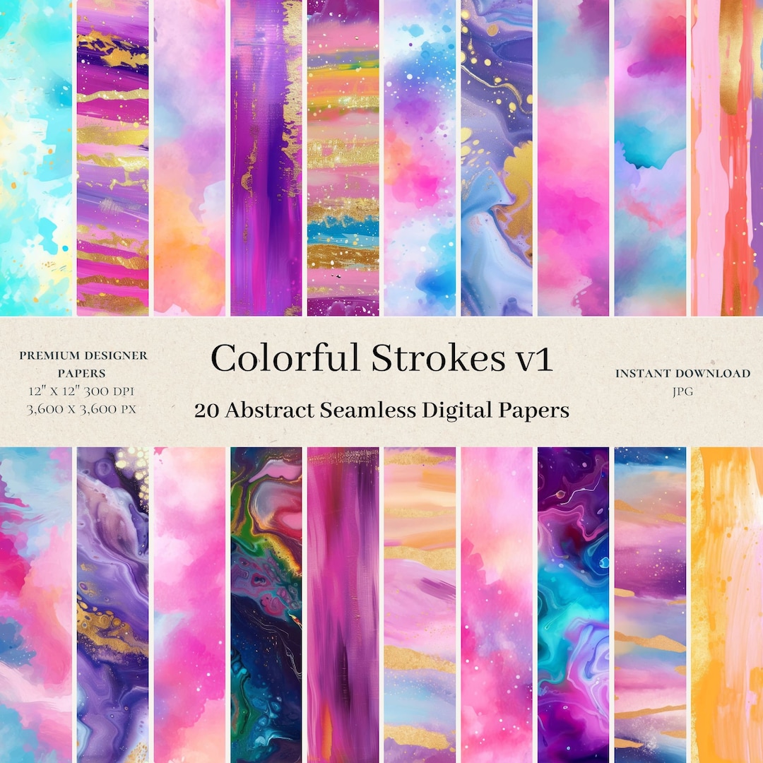 20 Colorful Strokes Digital Papers - Watercolor Scrapbook, Seamless ...