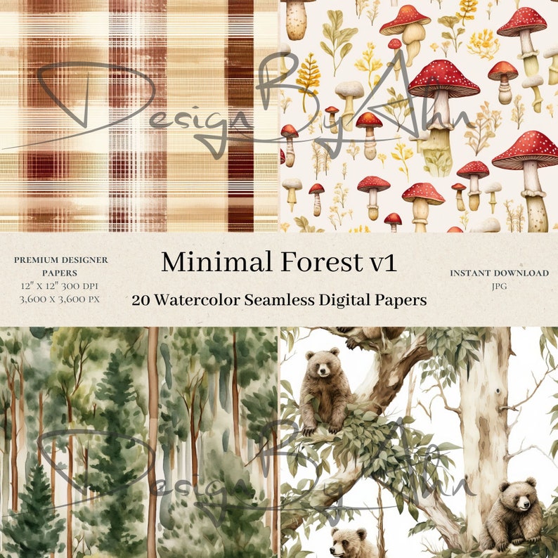 20 Minimal Forest Digital Papers - Watercolor Seamless Pattern, Junk ...