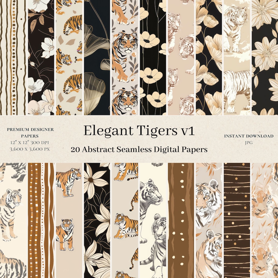 20 Elegant Tigers Digital Papers - Jungle Seamless Pattern, Watercolor ...