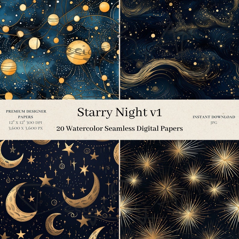 20 Starry Night Digital Papers - Gold & Navy Watercolor Scrapbook ...