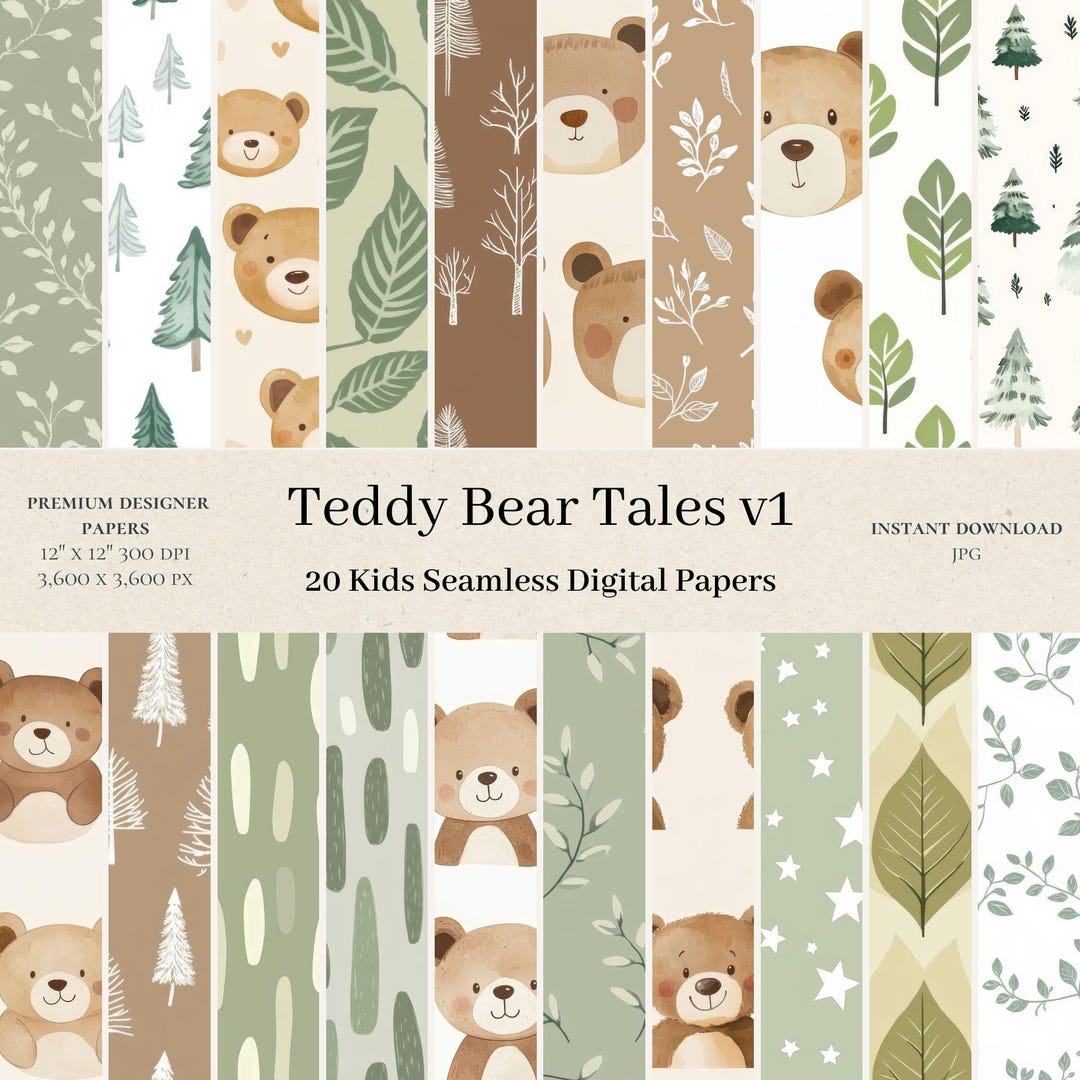 20 Teddy Bear Tales Digital Papers - Watercolour Seamless Digital Paper ...
