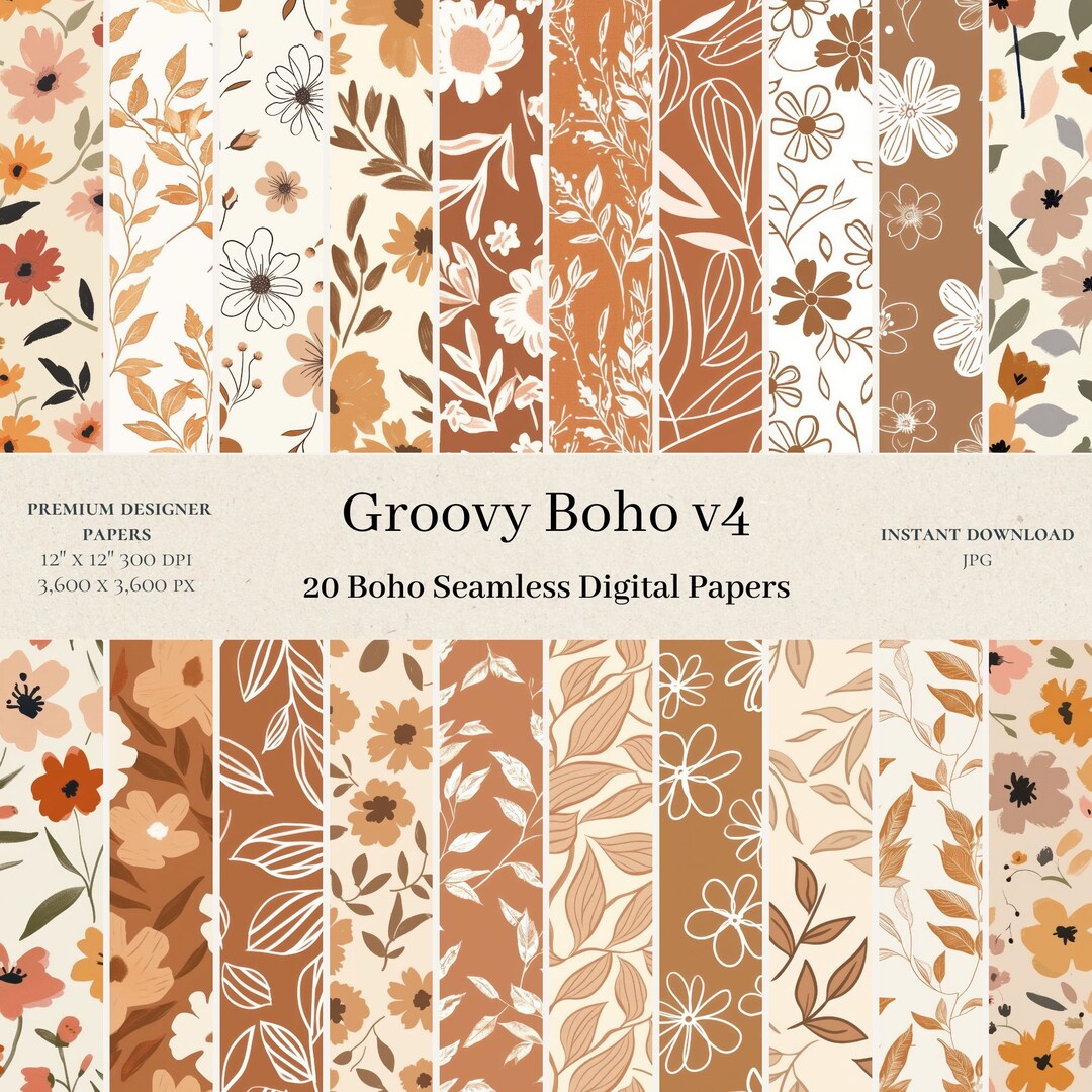 20 Groovy Boho Digital Papers - Commercial Use, Seamless Pattern, Light ...