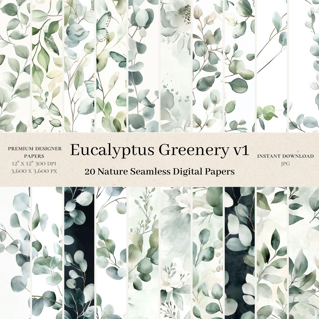 20 Eucalyptus Greenery Digital Papers - Watercolor Seamless Digital ...