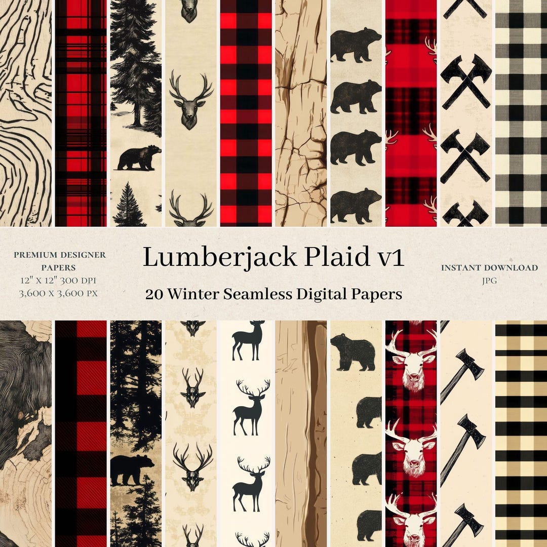 20 Lumberjack Plaid Digital Papers - Rustic Seamless Pattern, Buffalo ...
