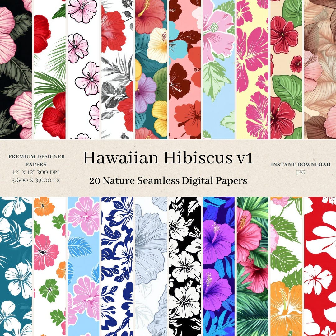 20 Hawaiian Hibiscus Digital Papers - Tropical Seamless Pattern, Aloha ...