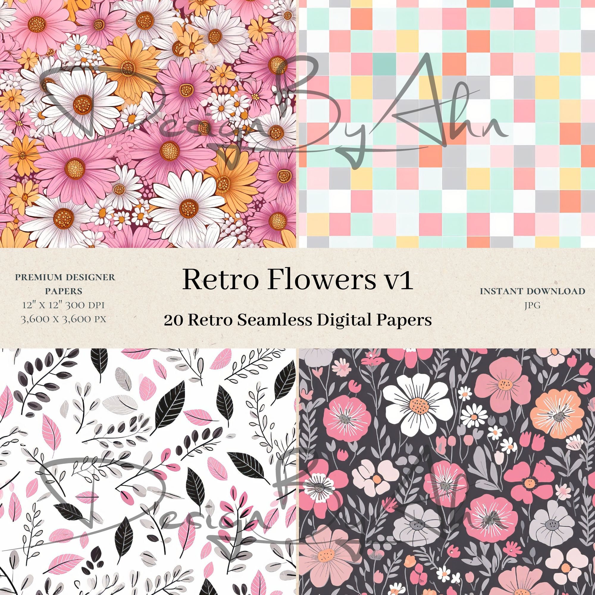 20 Retro Flowers Digital Papers Commercial Use, Scrapbook Paper, Retro ...