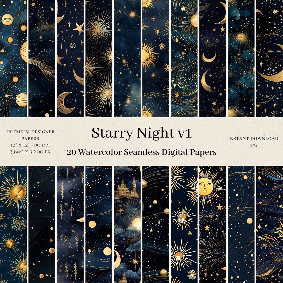 20 Starry Night Digital Papers - Gold & Navy Watercolor Scrapbook ...