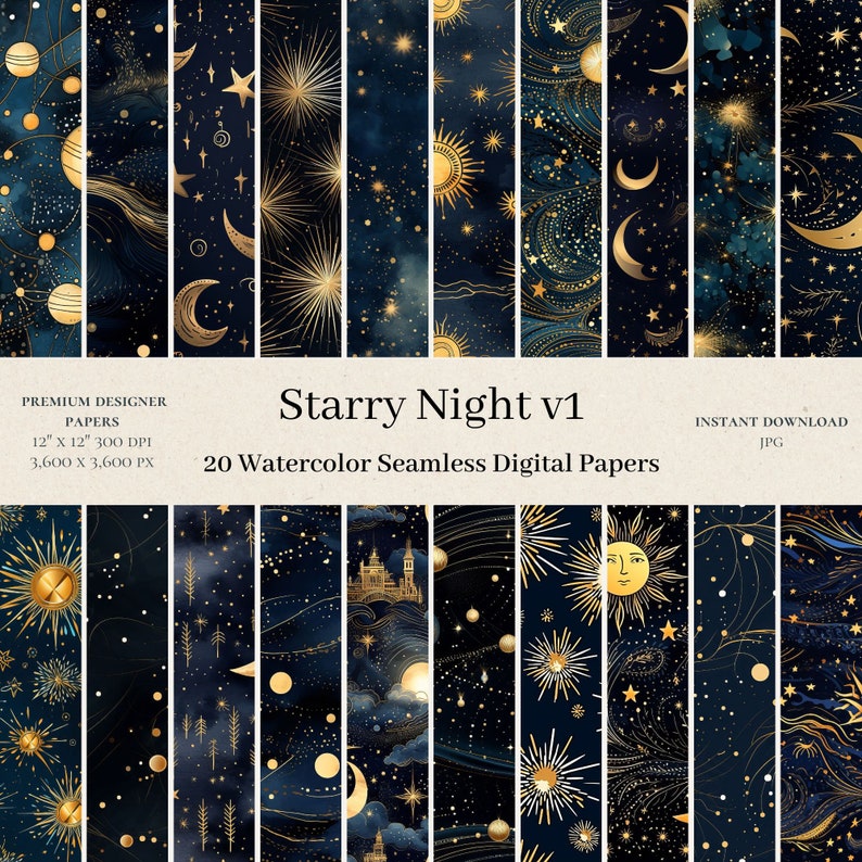 20 Starry Night Digital Papers - Gold & Navy Watercolor Scrapbook ...