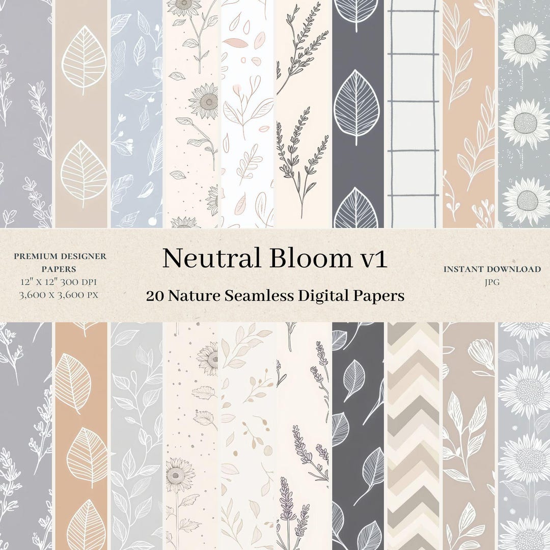 20 Neutral Bloom Digital Papers - Seamless Pattern Backgrounds, 20 Jpgs ...