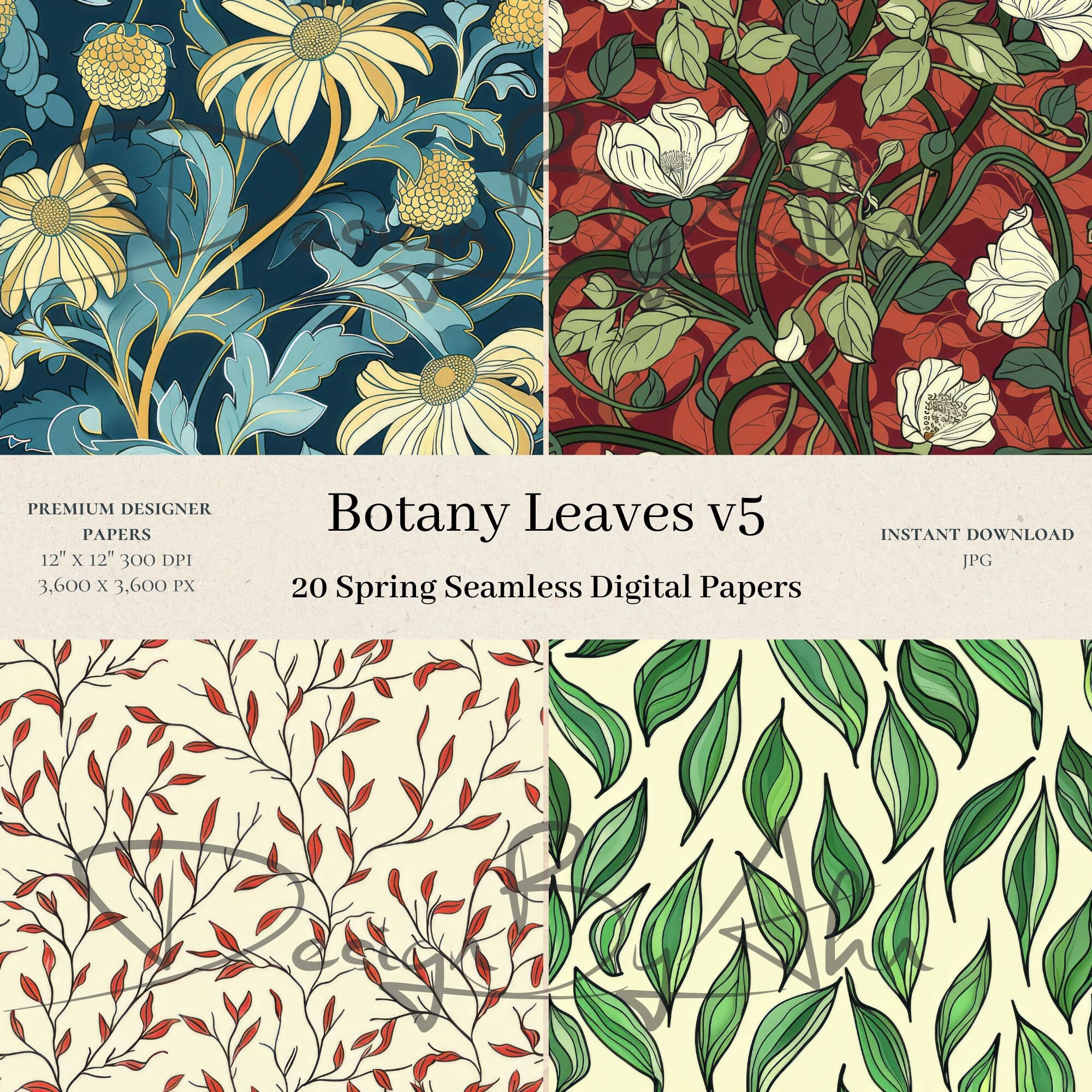 20 Botany Leaves Digital Papers Watercolor Scrapbook, Greenery Digital ...