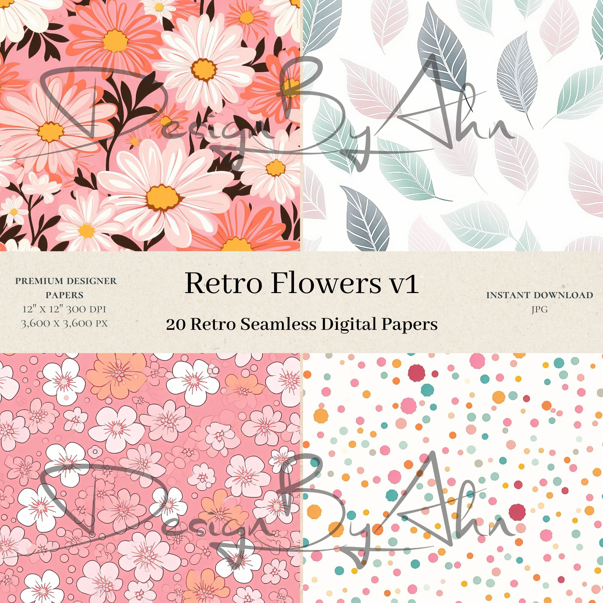 20 Retro Flowers Digital Papers - Commercial Use, Scrapbook Paper ...