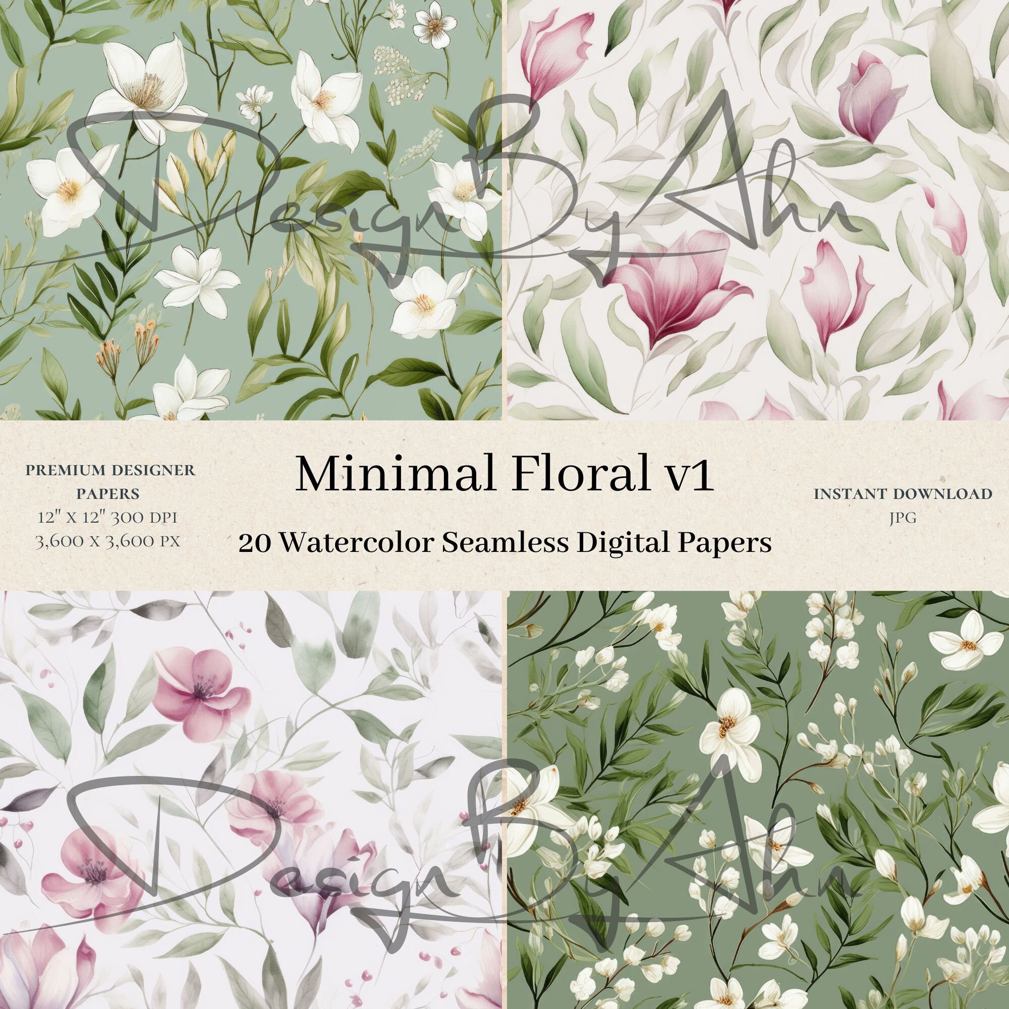 20 Minimal Floral Digital Papers - Watercolor Scrapbook, Seamless ...