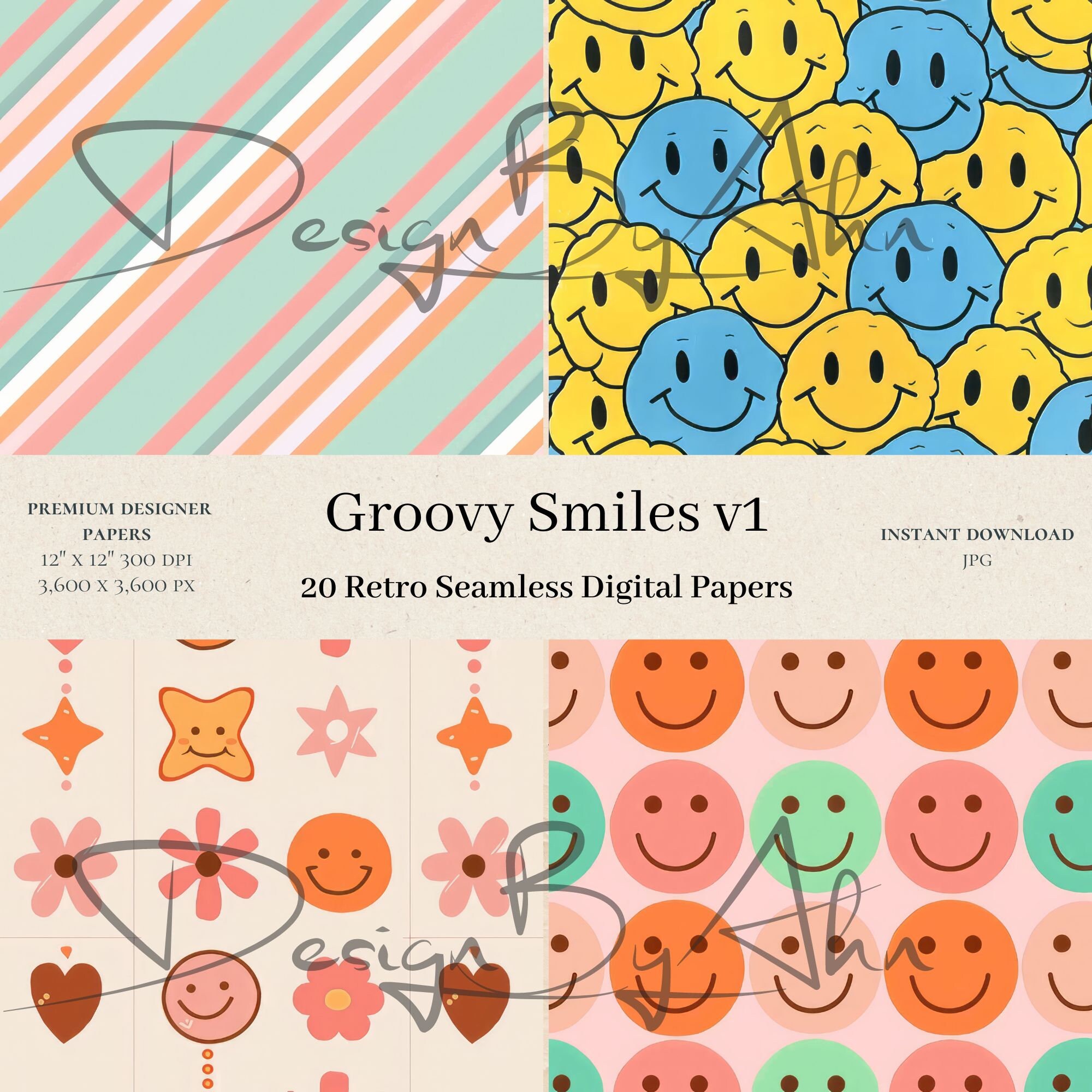 20 Groovy Smiles Digital Papers Seamless Patterns, Commercial Use ...