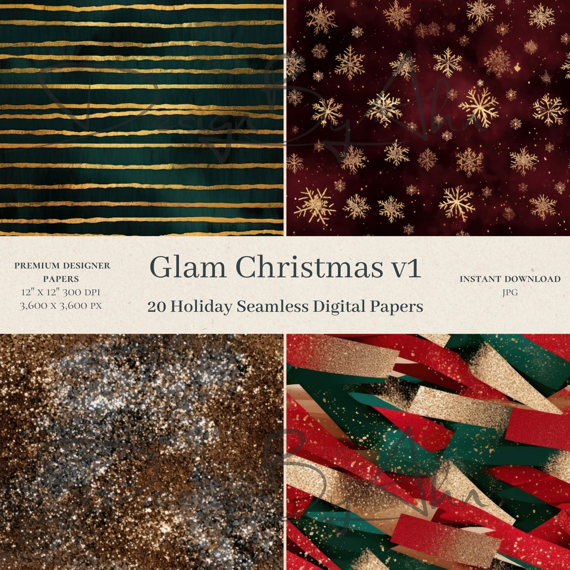 20 Glam Christmas Digital Papers - Holiday Seamless Pattern, Junk ...