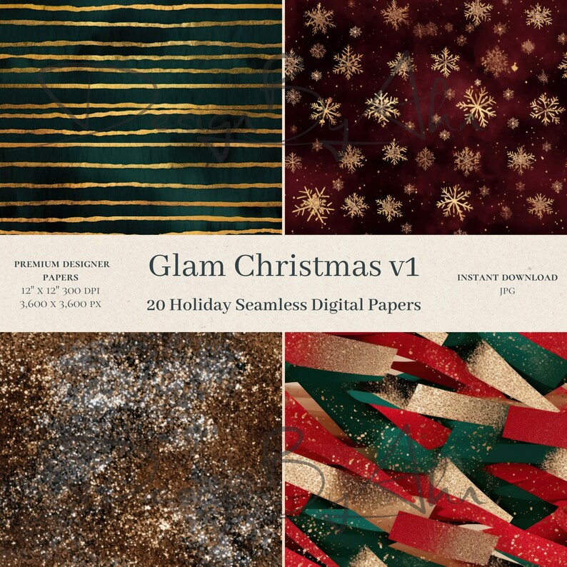 20 Glam Christmas Digital Papers - Holiday Seamless Pattern, Junk ...