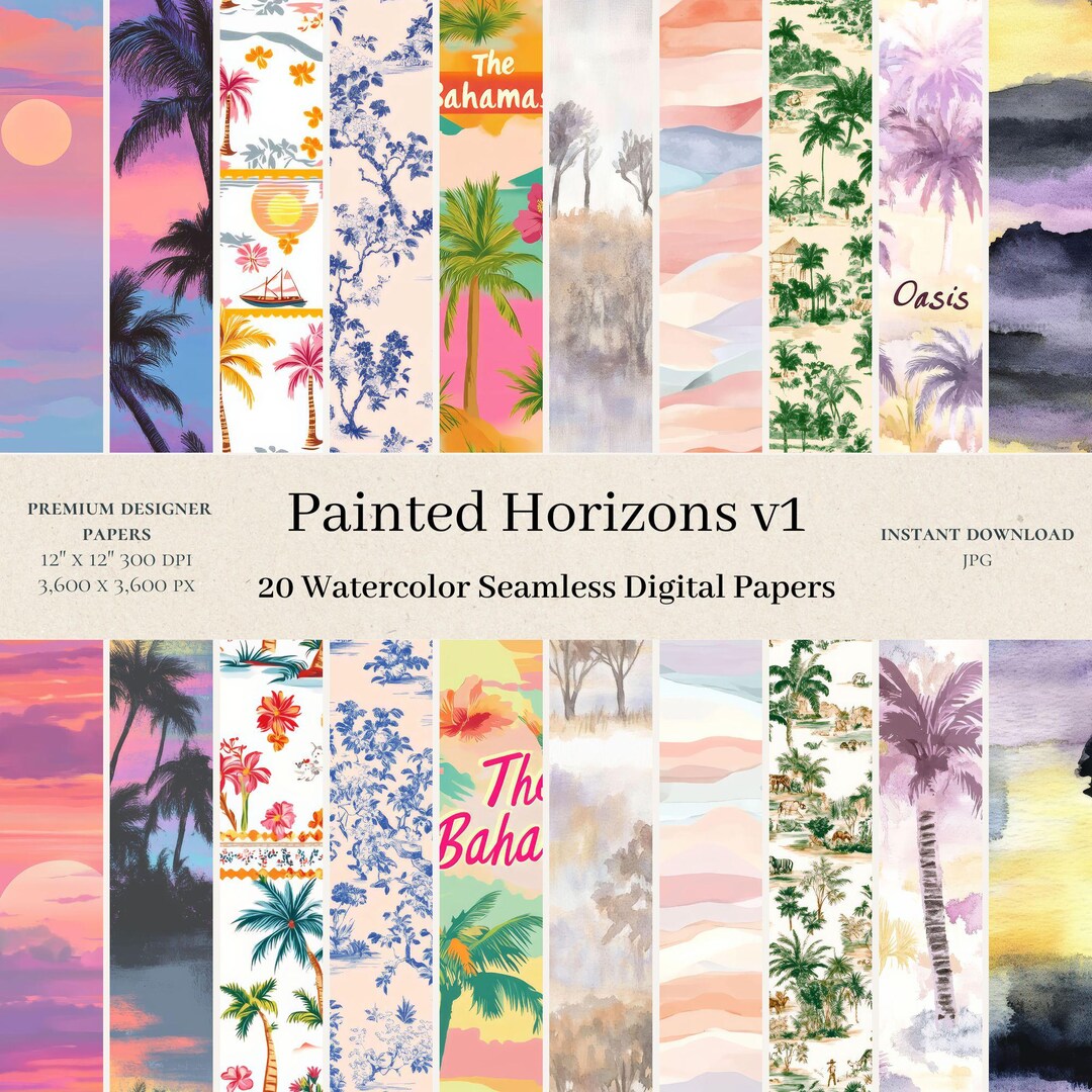 20 Painted Horizons Digital Papers - Landscape Seamless Pattern, Spring ...
