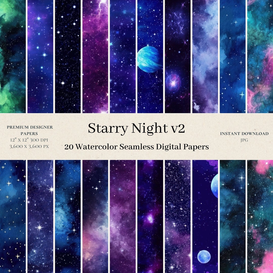20 Starry Night Digital Papers - Galaxy Watercolor Scrapbook, Space ...