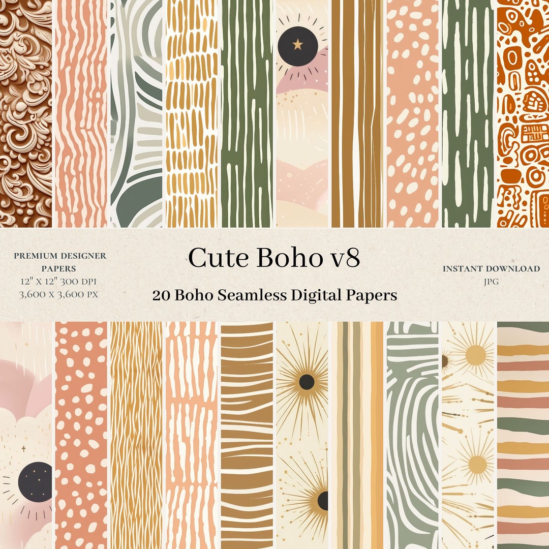 20 Cute Boho Digital Papers - Commercial Use, Scrapbook Paper, Spring ...