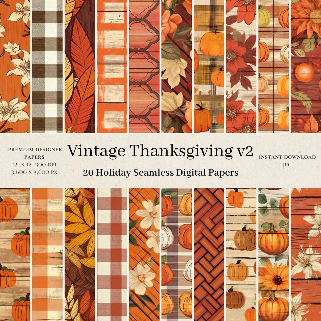 20 Vintage Thanksgiving Digital Papers - Rustic Seamless Pattern, Wood ...