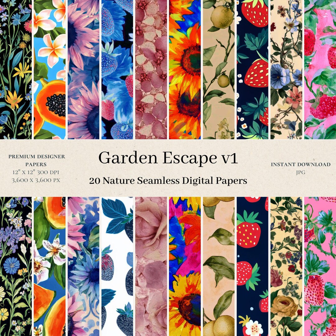 20 Garden Escape Digital Papers - Flower Seamless Pattern, Fruits ...