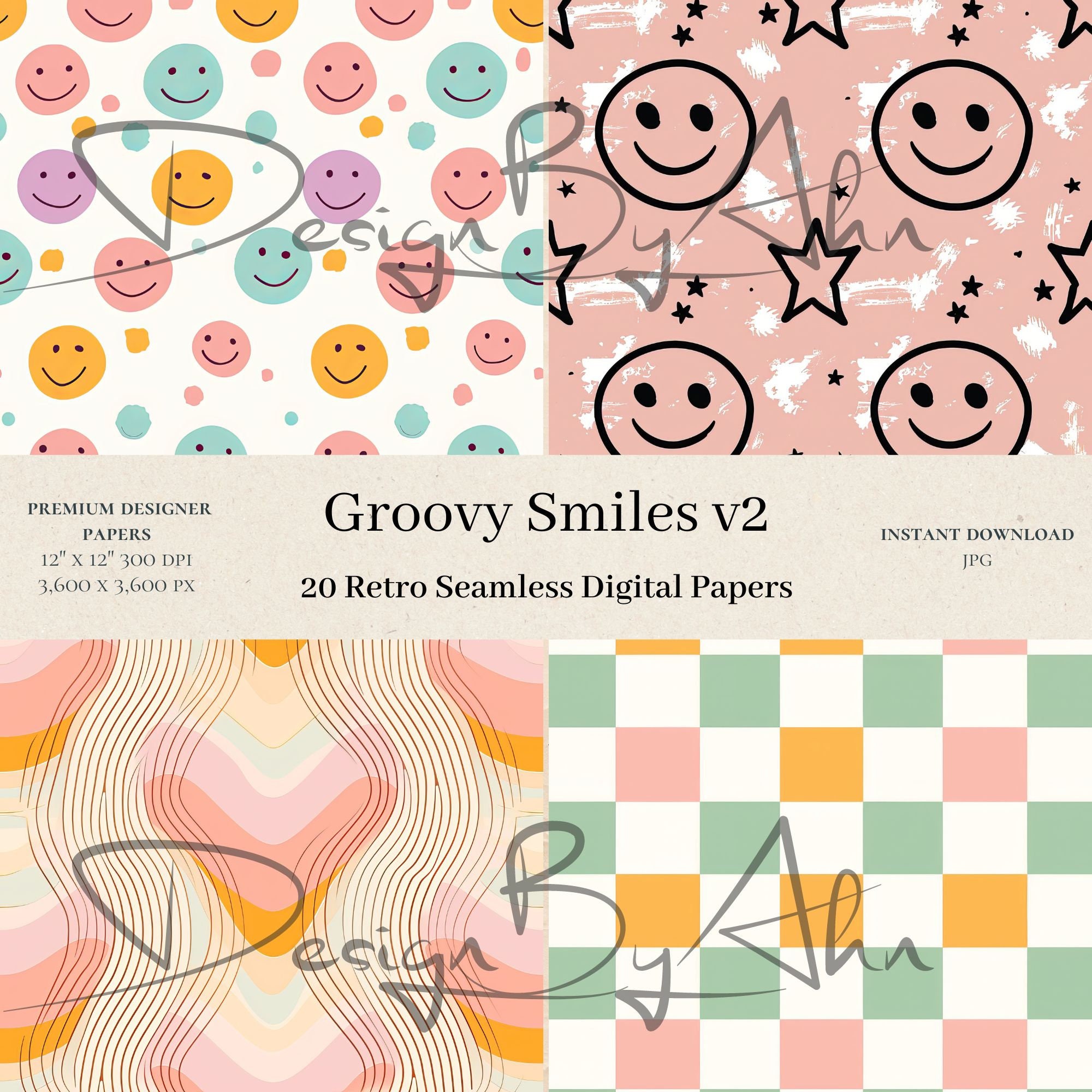 20 Groovy Smiles Digital Papers Seamless Patterns, Commercial Use ...