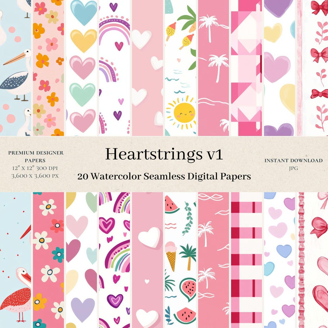 20 Heartstrings Digital Papers - Valentine Seamless Pattern, Bow Heart ...