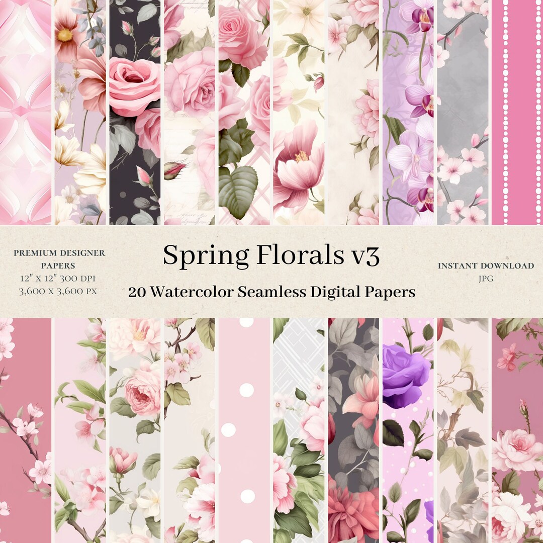 20 Spring Florals Digital Papers - Watercolor Scrapbook, Blush Pink ...