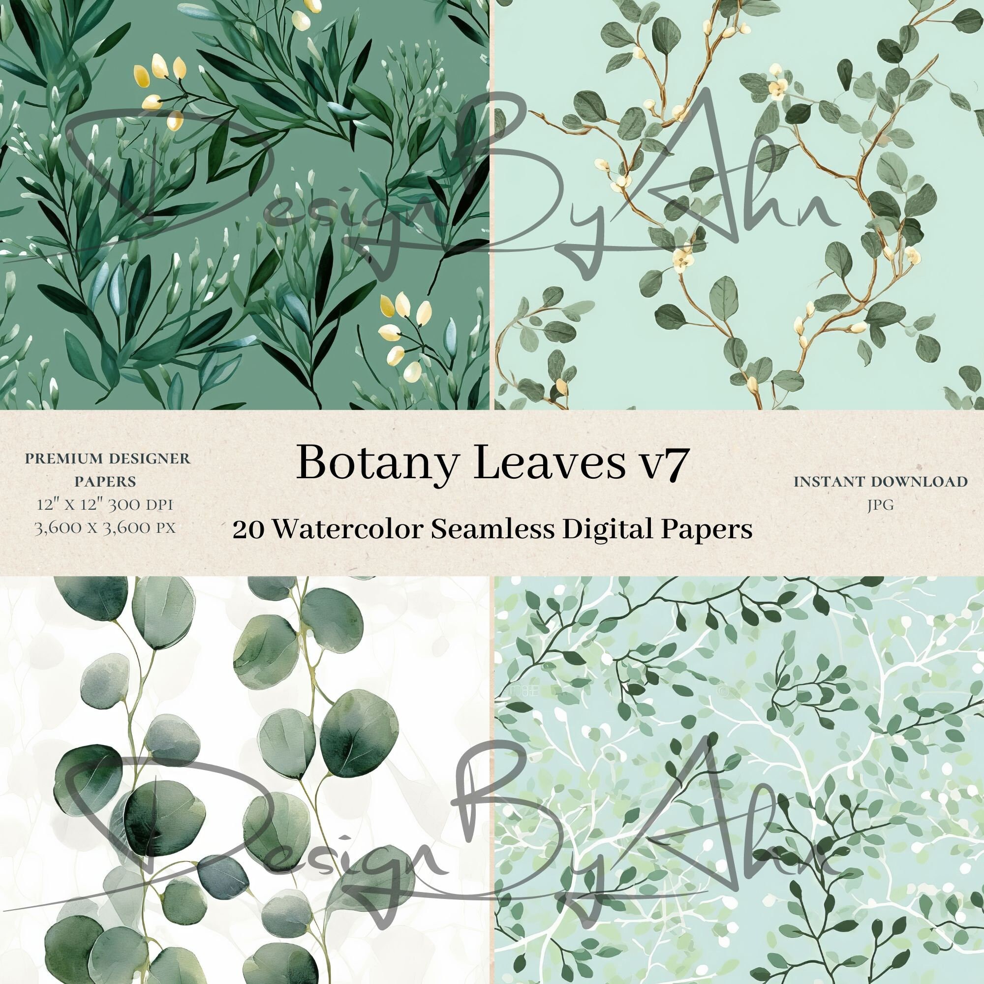 20 Botany Leaves Digital Papers - Eucalyptus Scrapbook, Flower Seamless ...