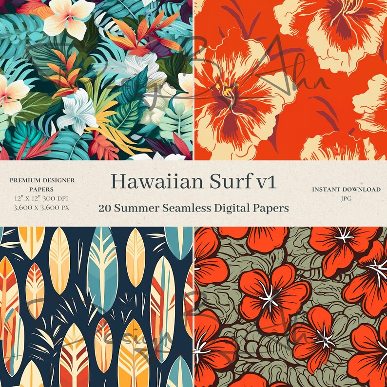 20 Hawaiian Surf Digital Papers JPG Tropical Seamless Pattern, Surf ...