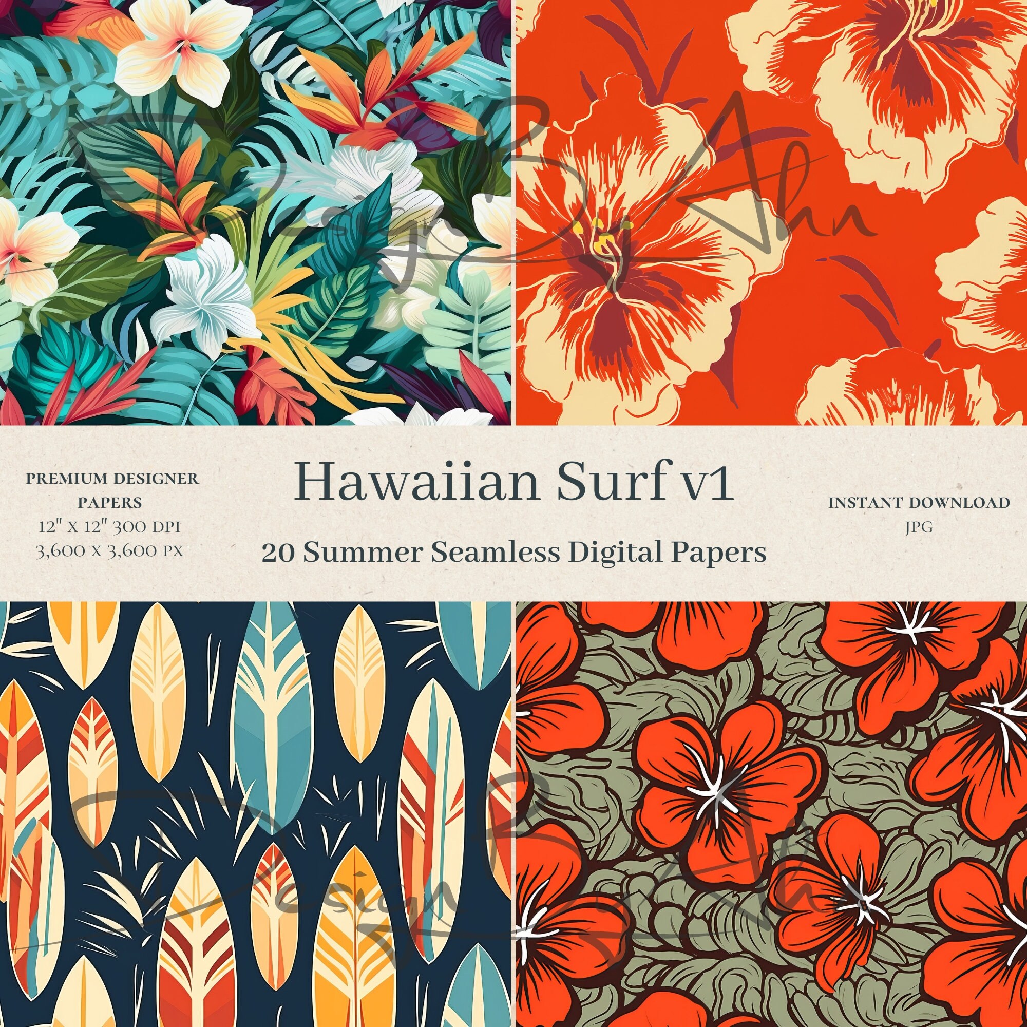 20 Hawaiian Surf Digital Papers JPG Tropical Seamless Pattern, Surf ...
