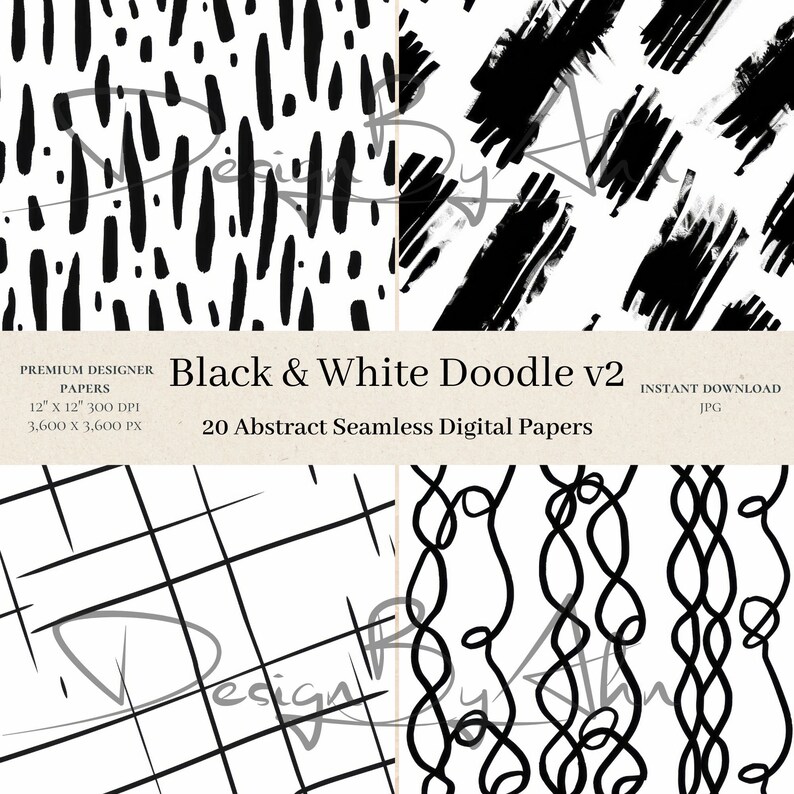20 Black & White Doodle Digital Papers - Doodle Scrapbook, Hand Drawn ...