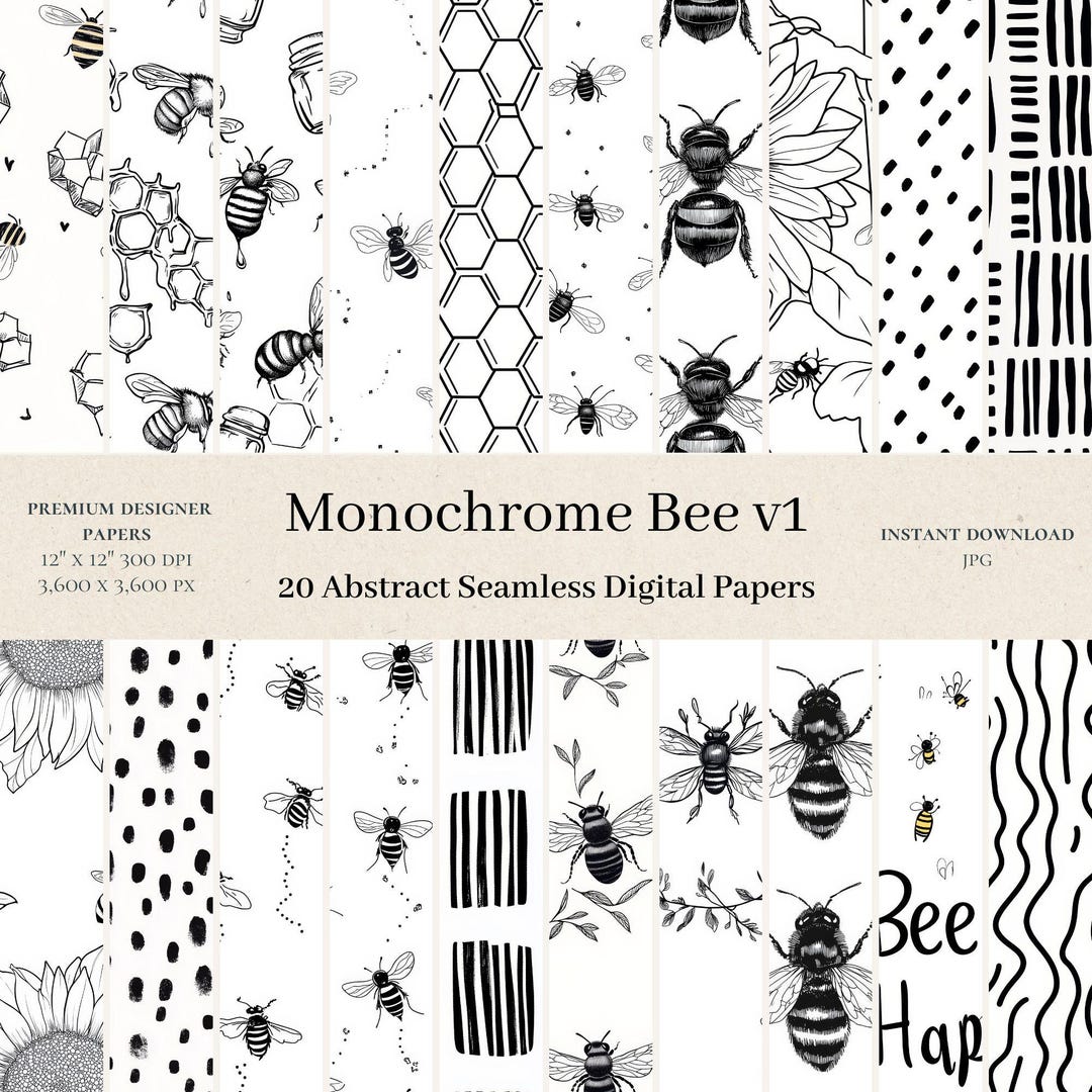20 Monochrome Bee Digital Papers - Black & White Seamless Digital Paper ...