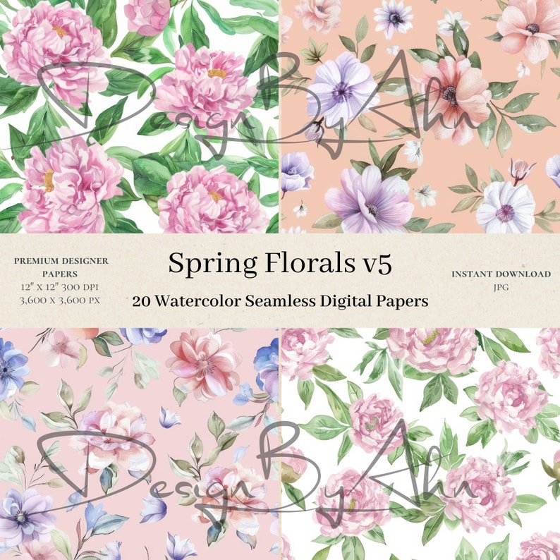 20 Spring Florals Digital Papers - Watercolor Scrapbook, Flowers ...