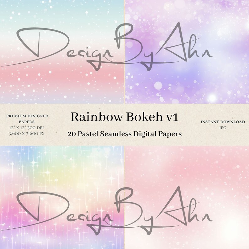 20 Rainbow Bokeh Digital Papers - Pastel Scrapbook, Soft Bokeh Digital ...