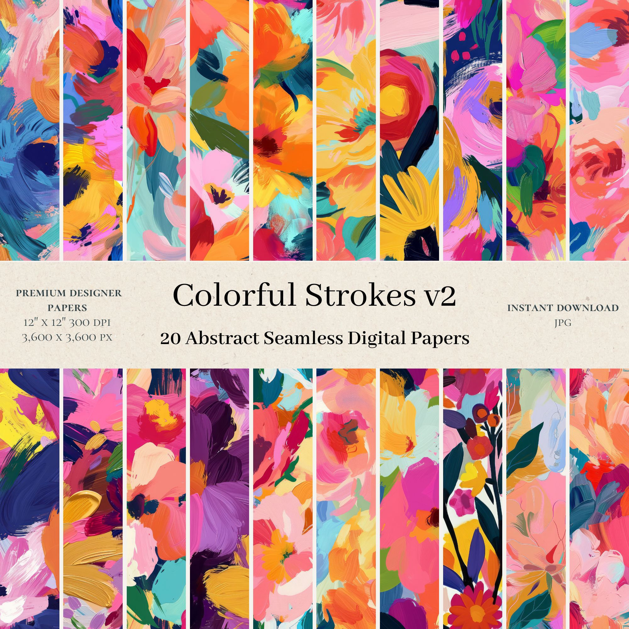20 Colorful Strokes Digital Papers - Painted Floral Scrapbook, Flower ...
