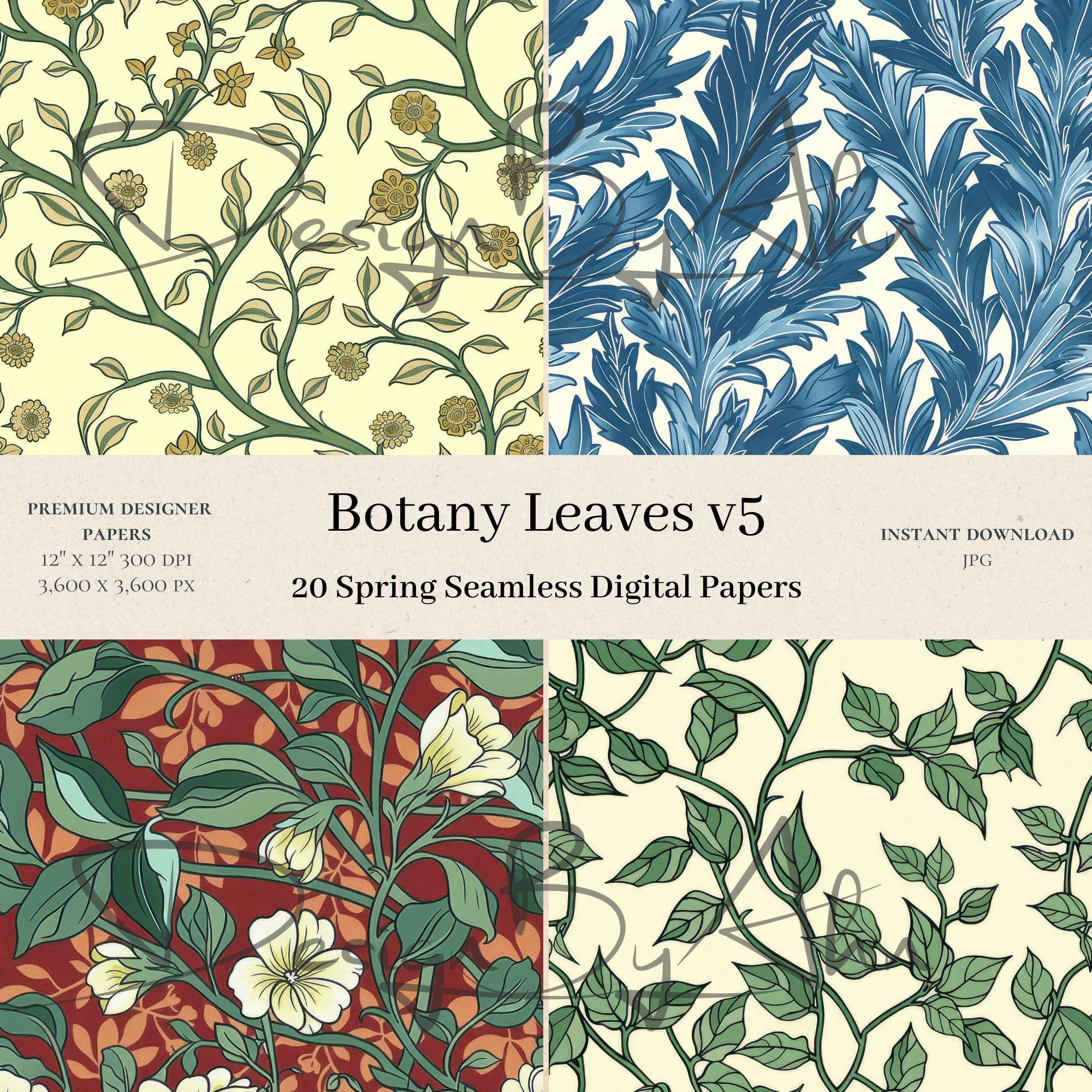 20 Botany Leaves Digital Papers Watercolor Scrapbook, Greenery Digital ...