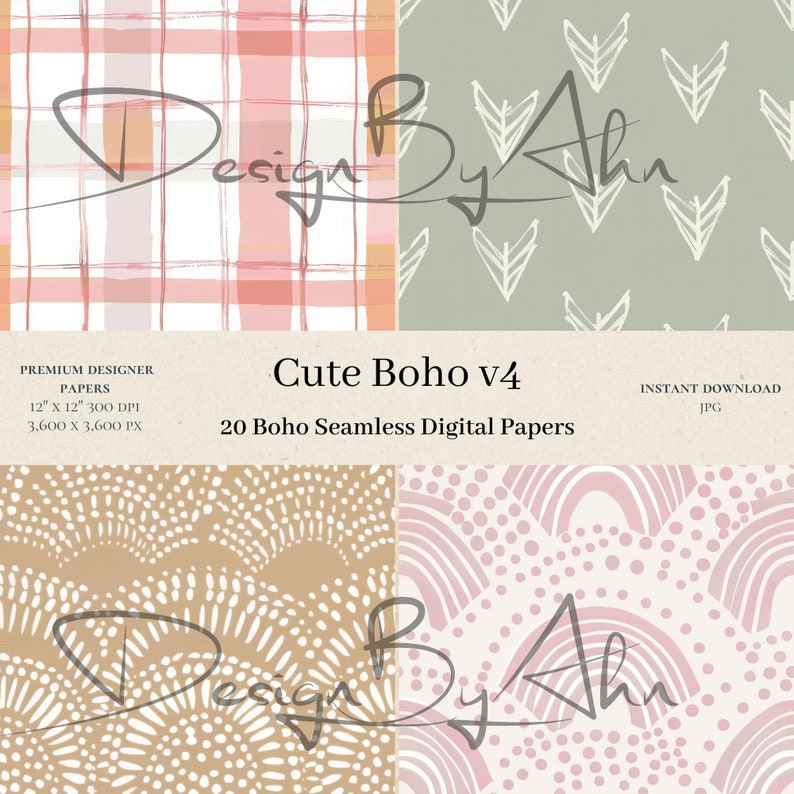 20 Cute Boho Digital Papers - Commercial Use, Scrapbook Paper ...