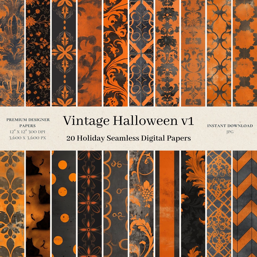 20 Vintage Halloween Digital Papers - Gothic Seamless Pattern, Black ...