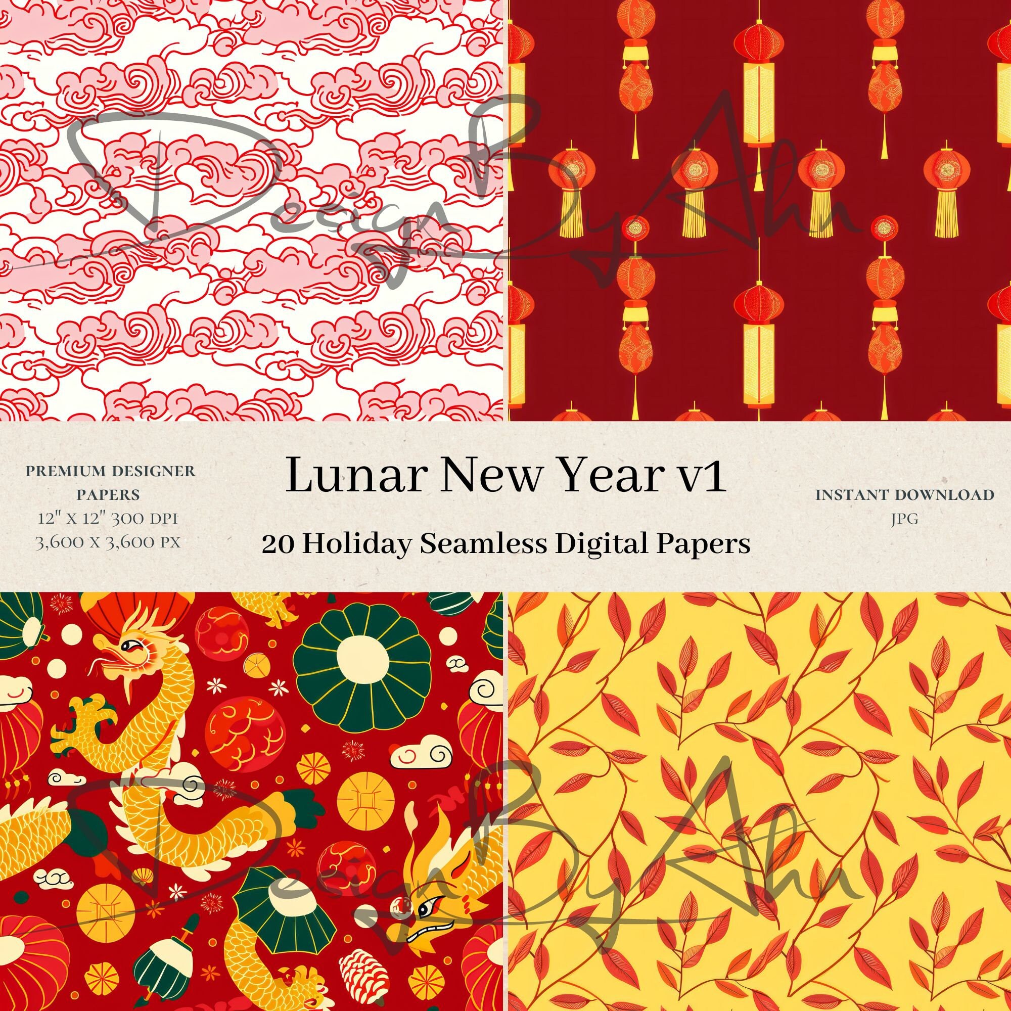 20 Lunar New Year Digital Papers Chinese Seamless Pattern, Asian Prints ...