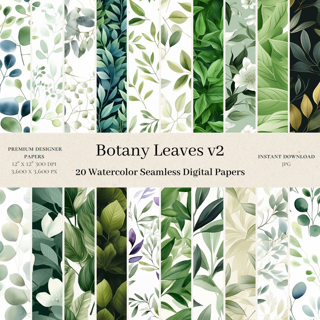 20 Botany Leaves Digital Papers - Watercolor Scrapbook, Seamless ...