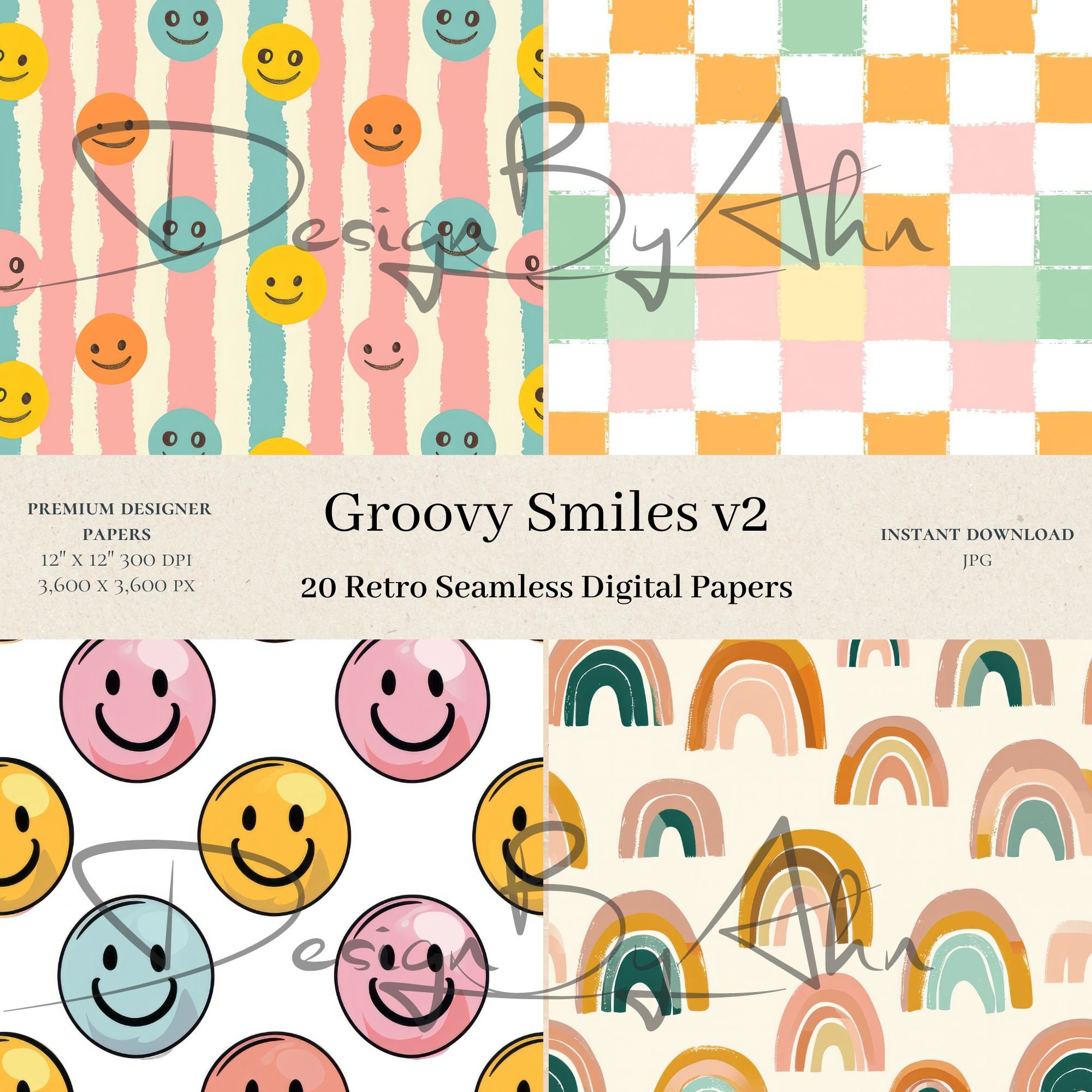 20 Groovy Smiles Digital Papers Seamless Patterns, Commercial Use ...