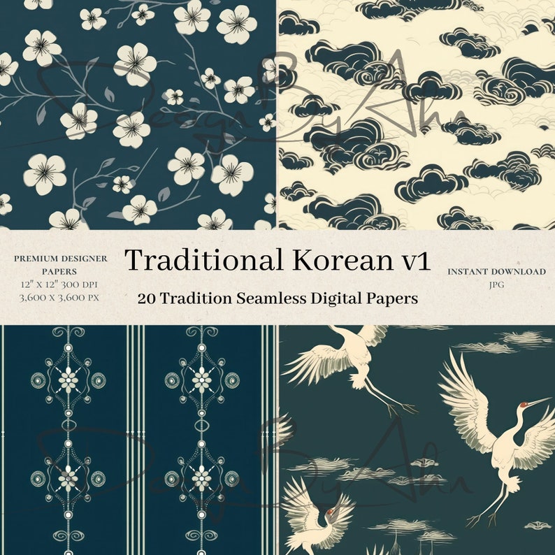 20 Traditional Korean Digital Papers - Hand-drawn Scrapbook, Seamless ...
