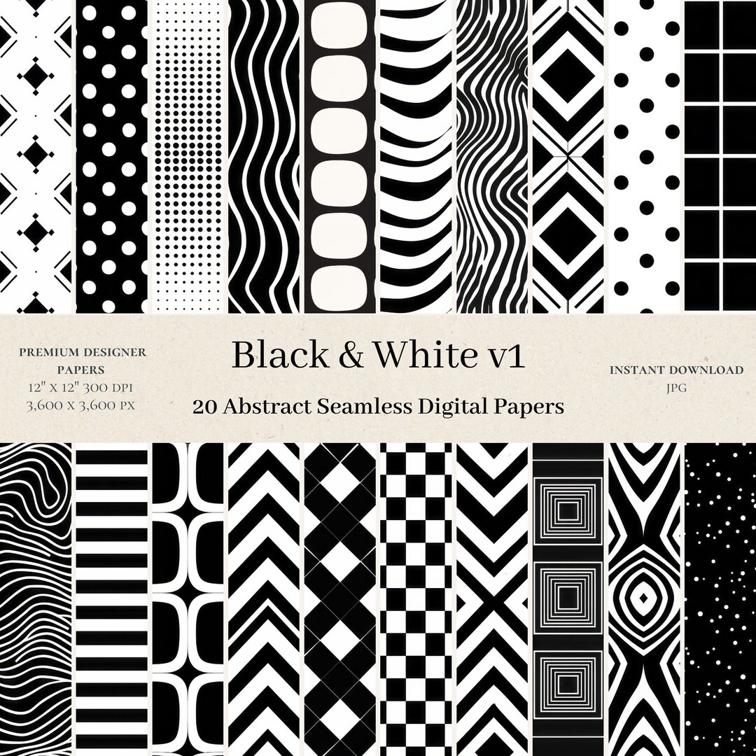 20 Black & White Digital Papers - Geometric Scrapbook, Seamless Digital ...