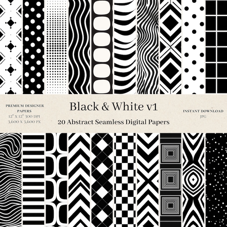 20 Black & White Digital Papers - Geometric Scrapbook, Seamless Digital ...