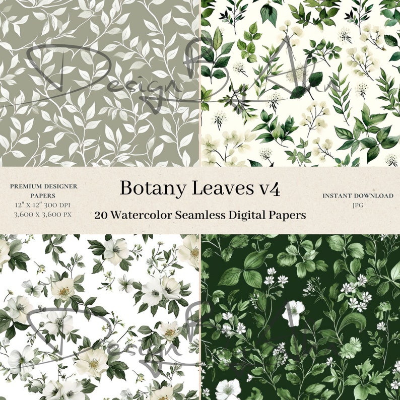 20 Botany Leaves Digital Papers Watercolor Scrapbook, Greenery Digital ...